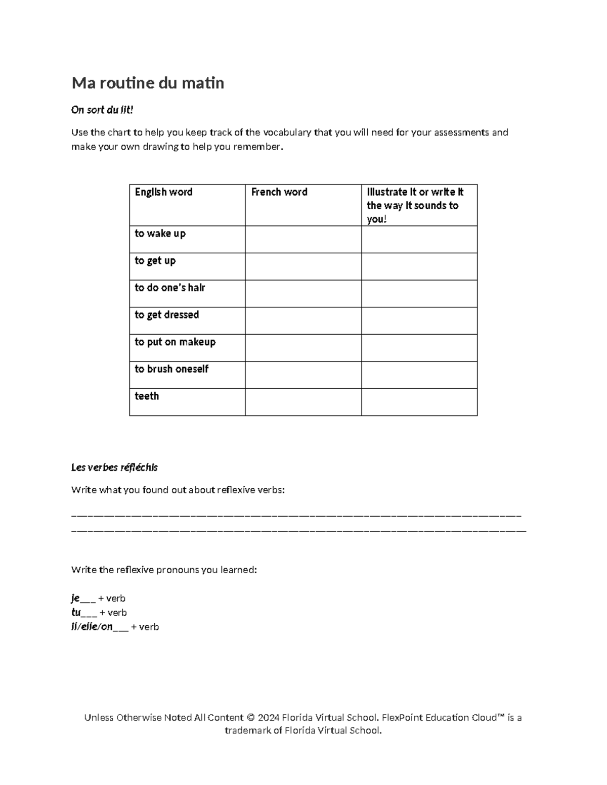 Ma routine du matin: Guide de vocabulaire et verbes réfléchis - Studocu