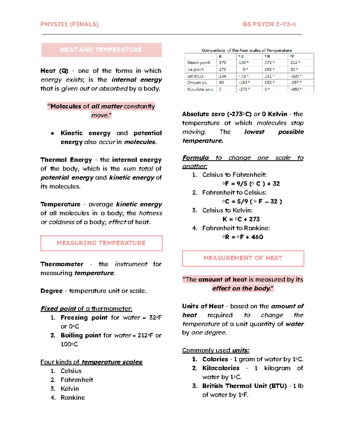 PHYS211 Finals Reviewer: Heat, Temperature, and Electricity Concepts - Studocu