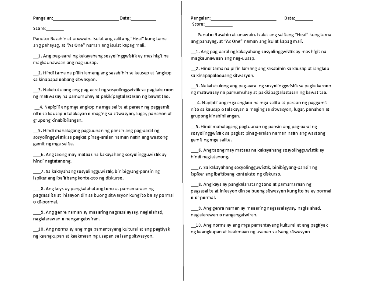 Quiz - for quizes - Pangalan:__________________________ Date ...