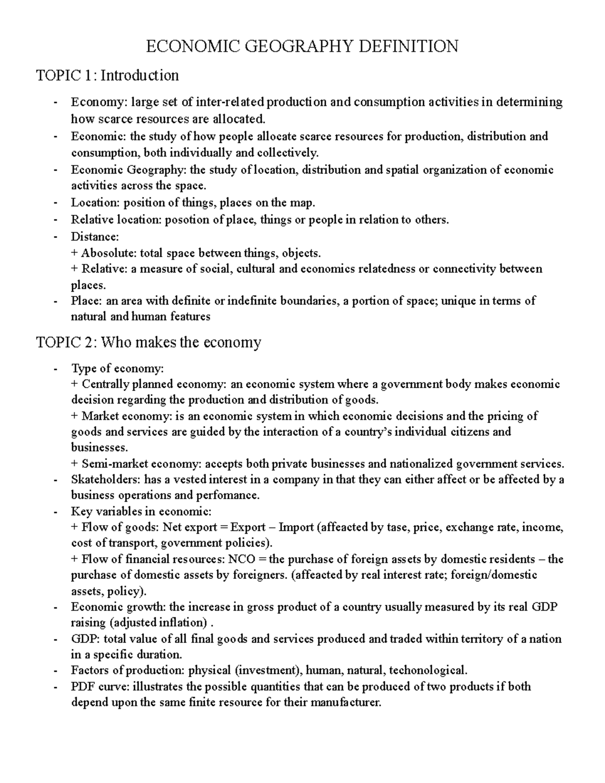 ECON 101: Economic Geography Revision Notes and Key Concepts - Studocu