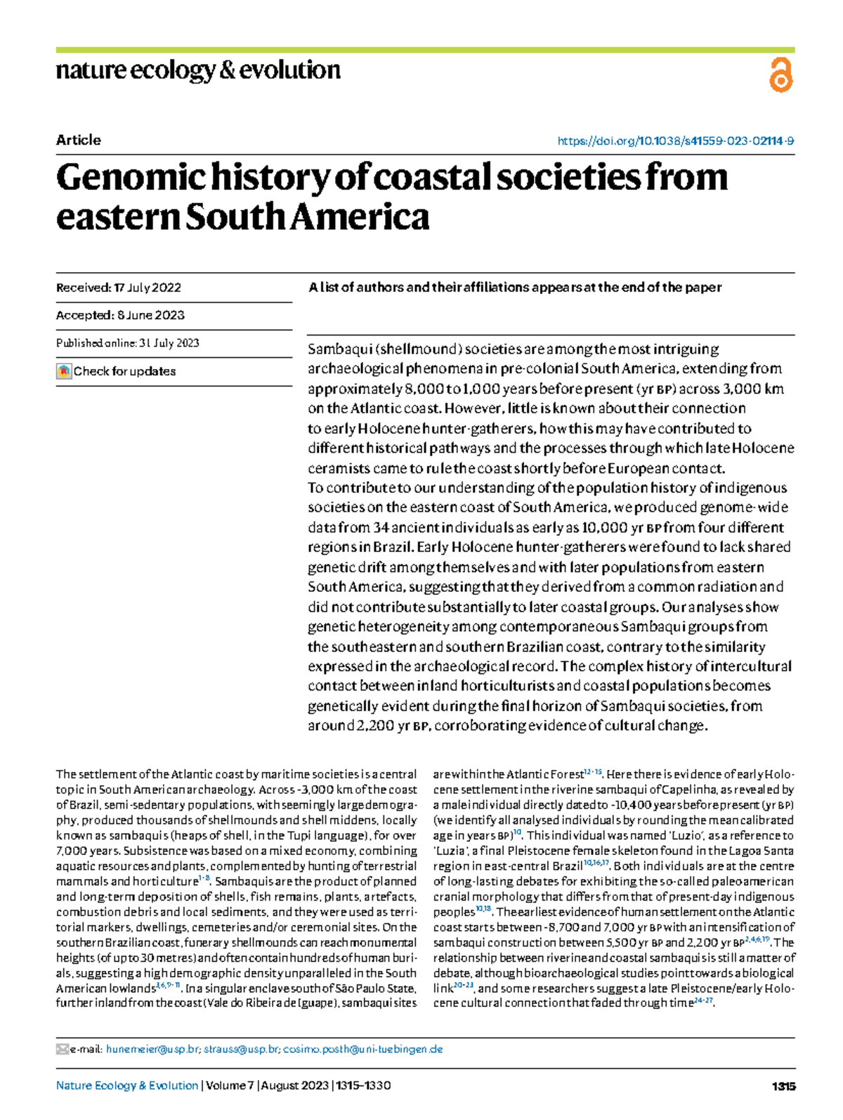 Genomic Insights into Sambaqui Societies in Eastern South America - Studocu