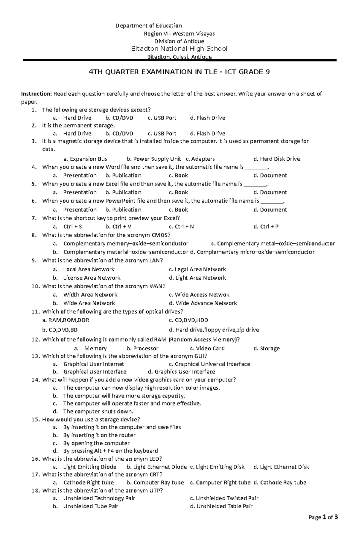 EXAM TLE-ICT G9 4TH 2023 - Department of Education Region VI- Western ...