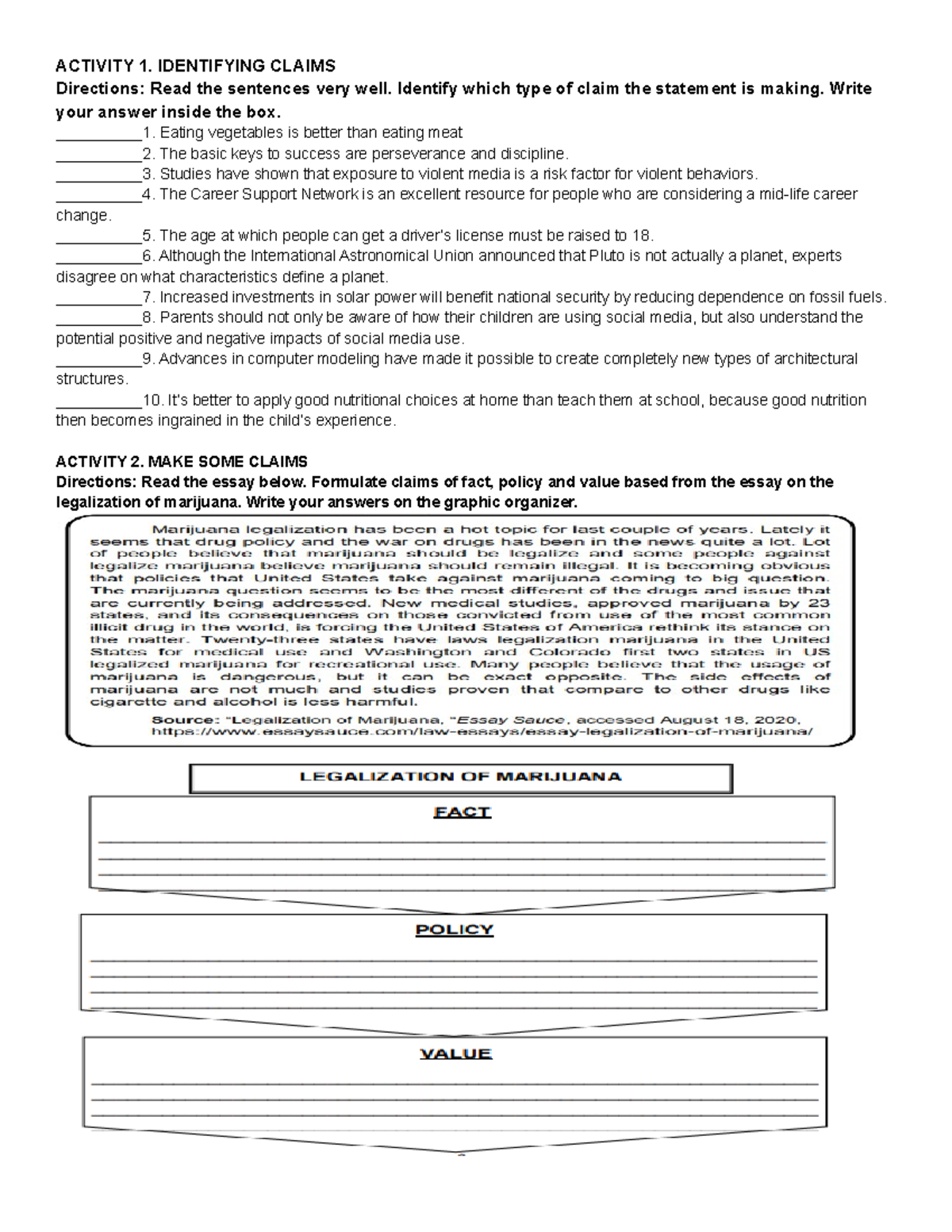 Analyzing Claims: Fact, Value, and Policy Activities - Studocu
