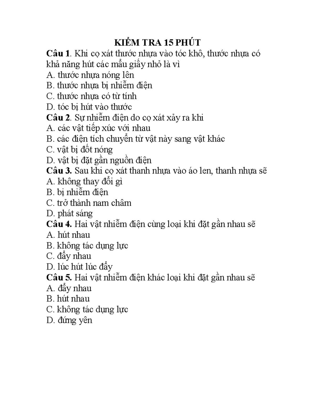 KIỂM TRA 15 PHÚT Sự Nhiễm Điện Do Cọ Xát - KHTN8 - Studocu