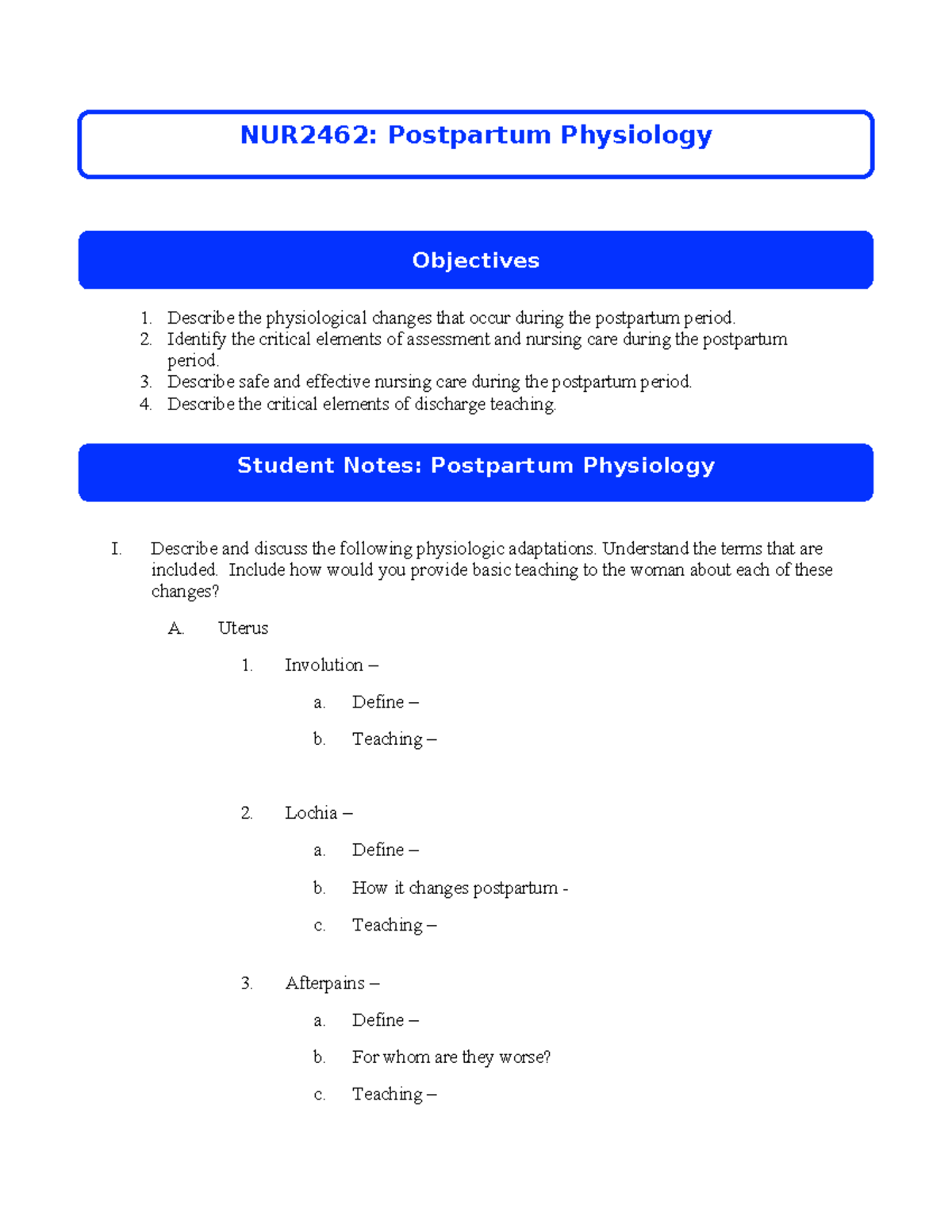 Student Notes NUR2462 Postpartum - Unit 4: Postpartum and Postpartum ...