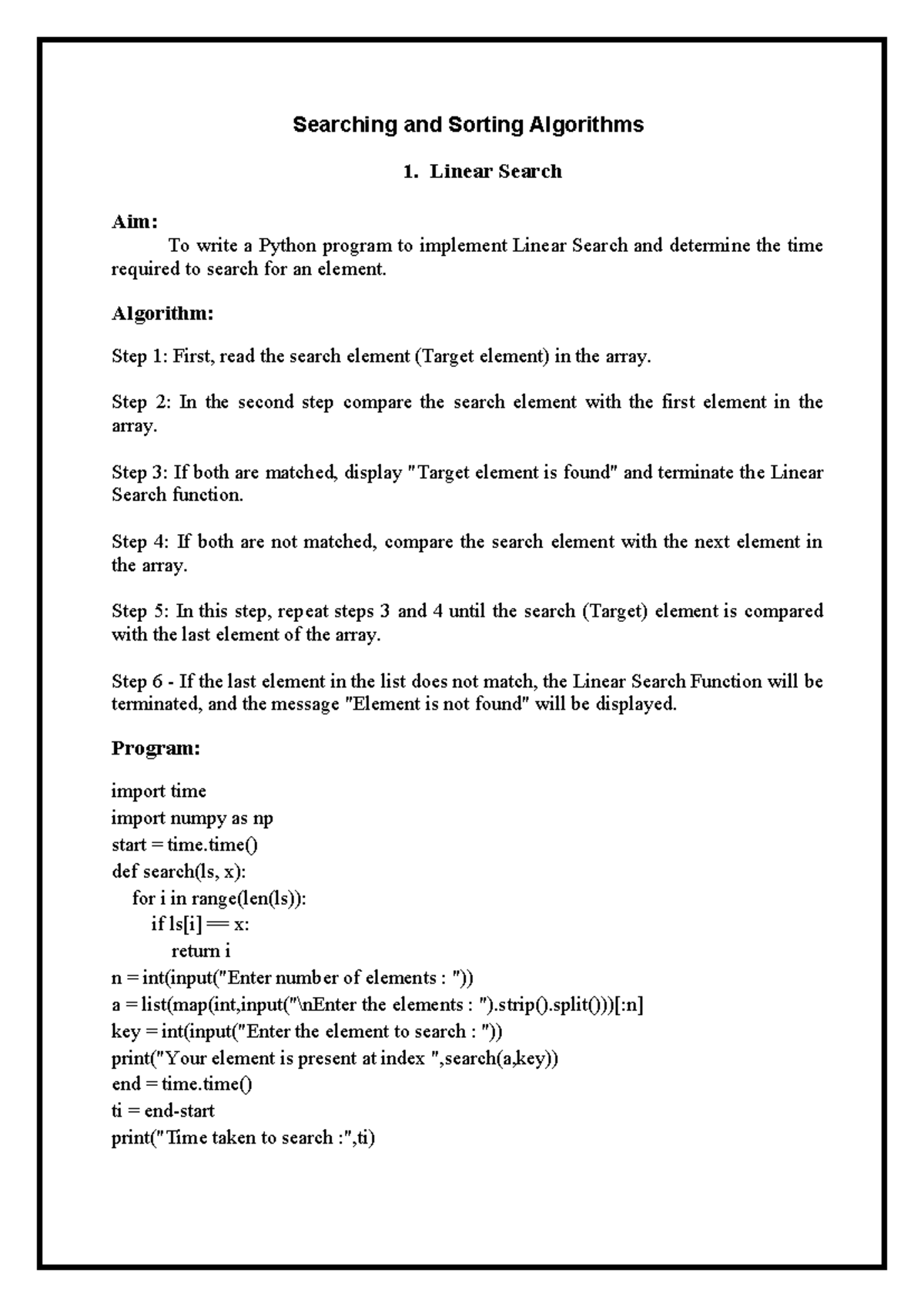 Algorithms LAB Manual - Hand notes - Searching and Sorting Algorithms 1 ...