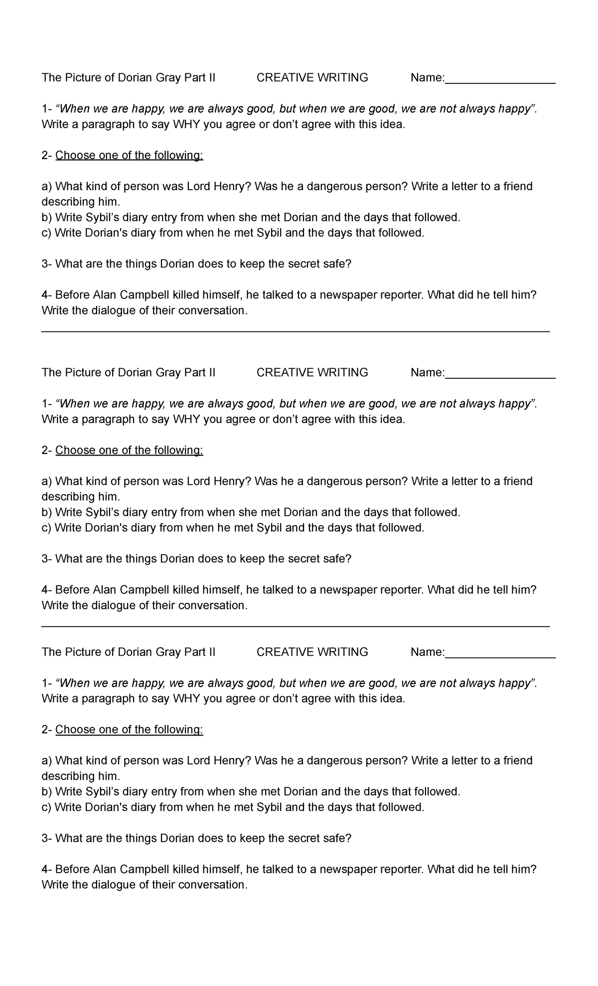 The Picture of Dorian Gray Part II: Creative Writing Prompts and ...