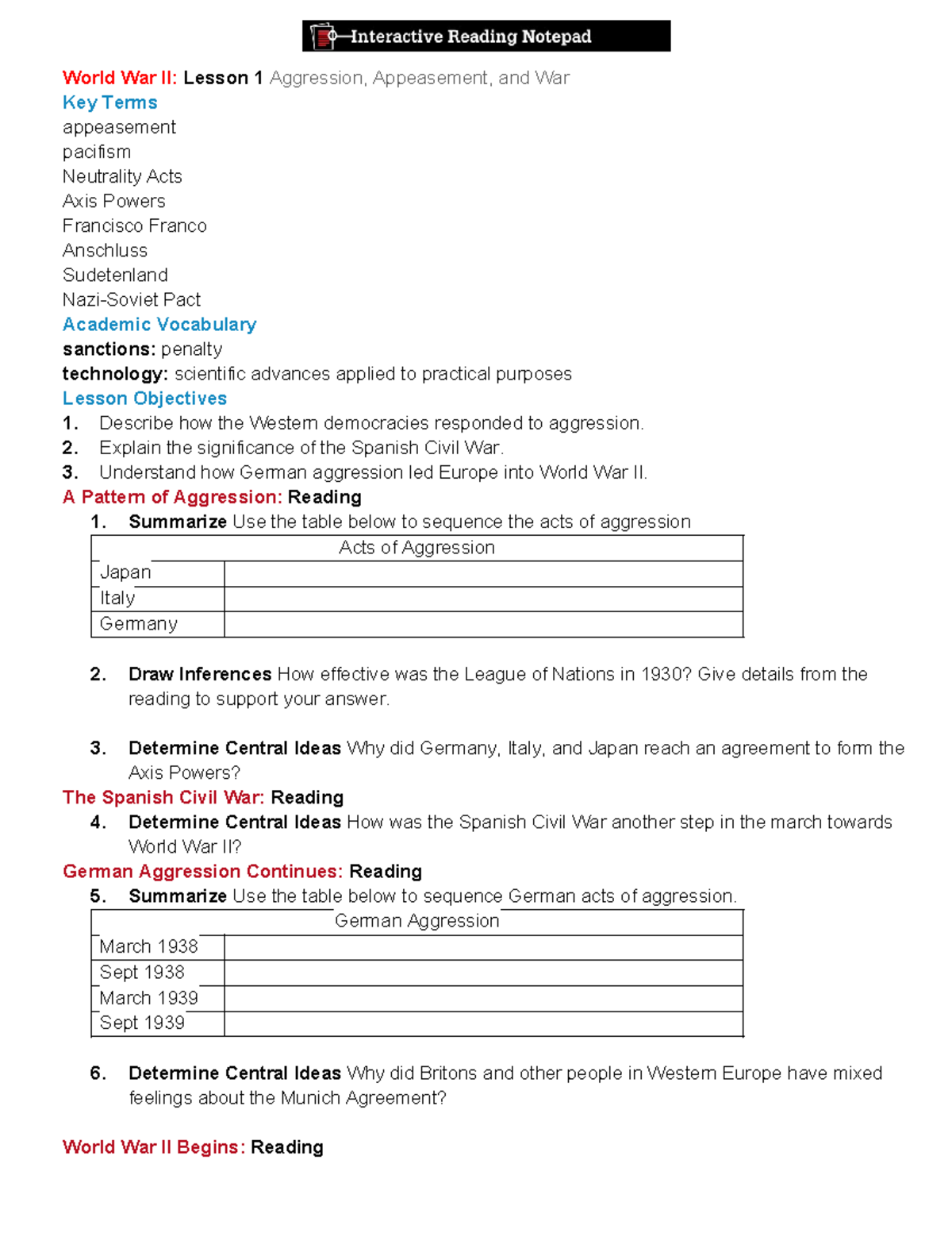 Topic 12: Lesson 1 - WW II Aggression, Appeasement, & War Insights ...