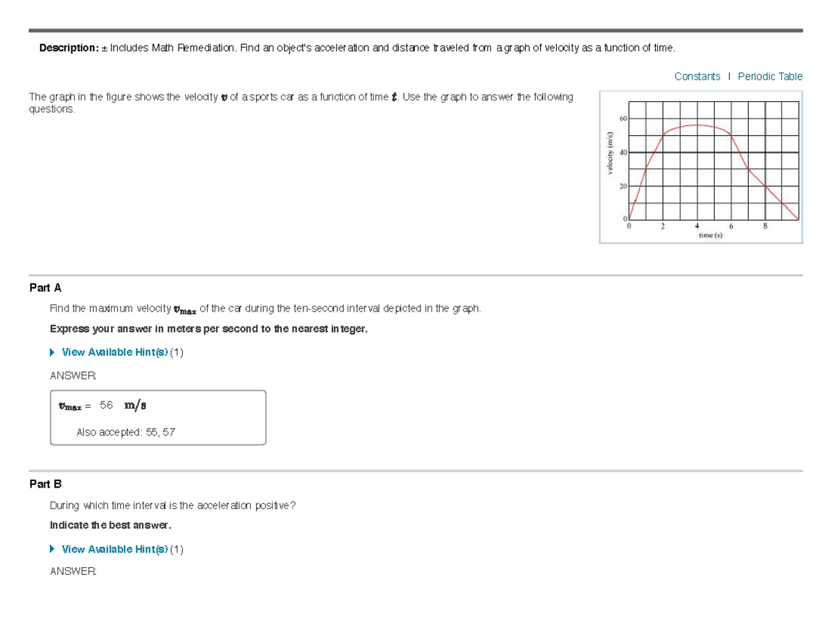 Mastering Physics: Velocity Graph Analysis of a Sports Car - Studocu