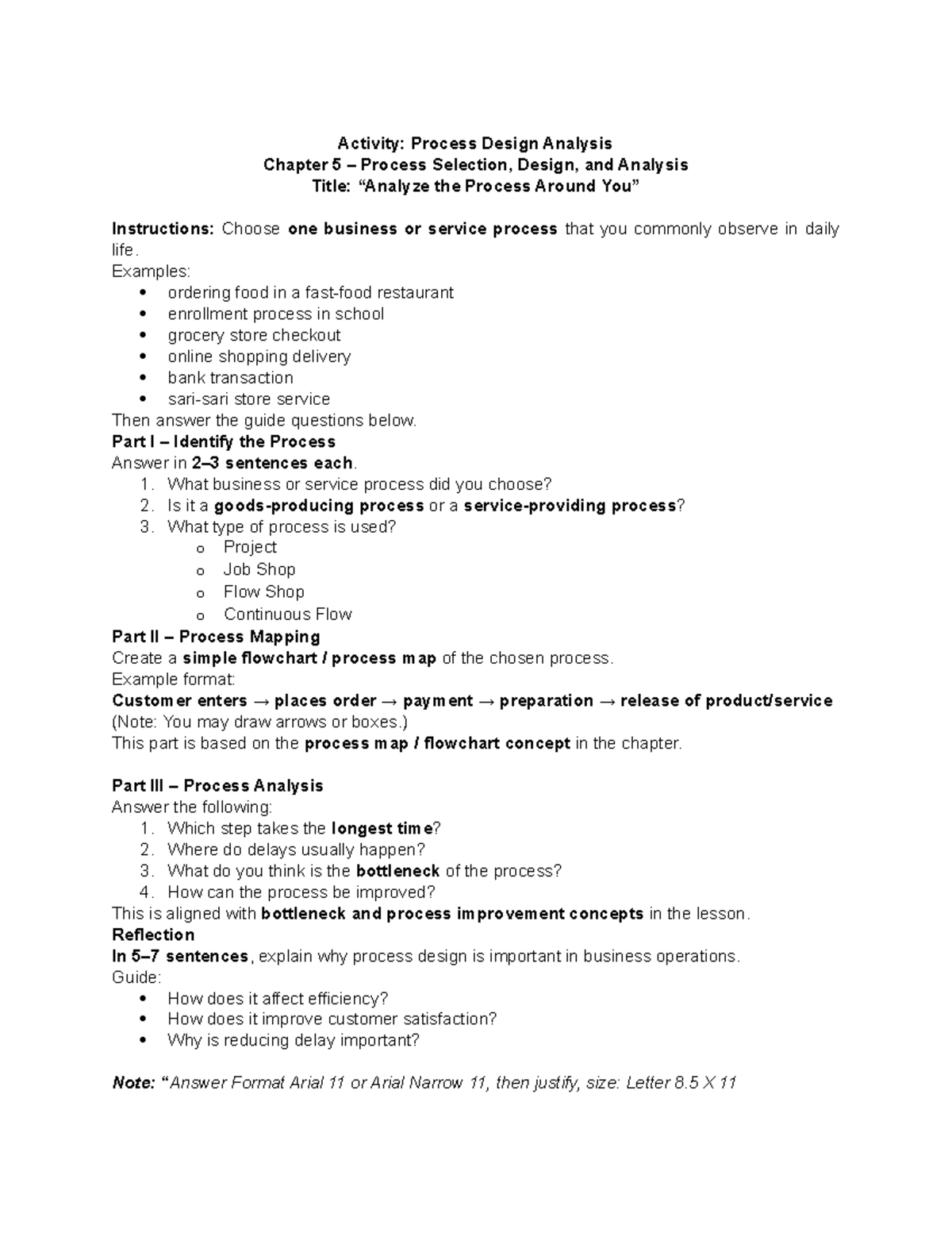 Activity: Process Design Analysis - Chapter 5 Process Selection ...