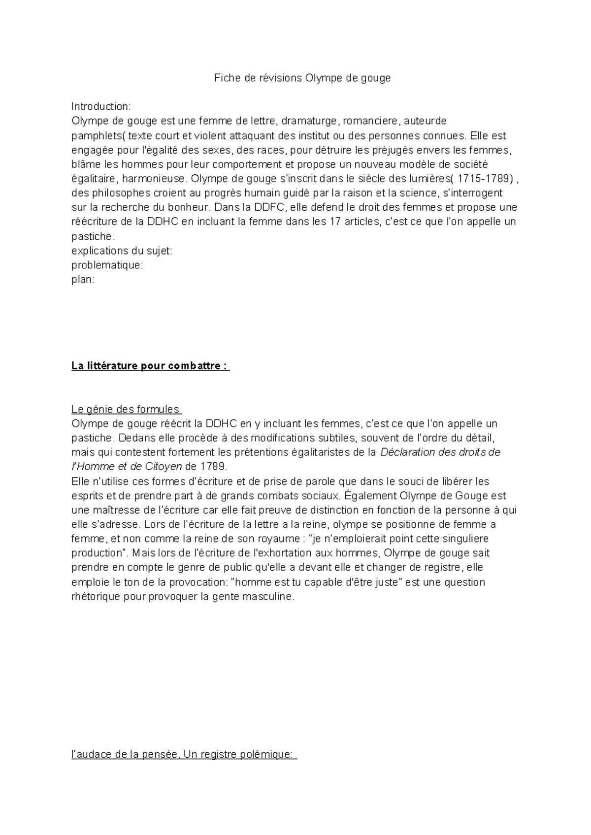 Fiche de Révision: Olympe de Gouge et ses Lutteurs pour l'Égalité - Studocu