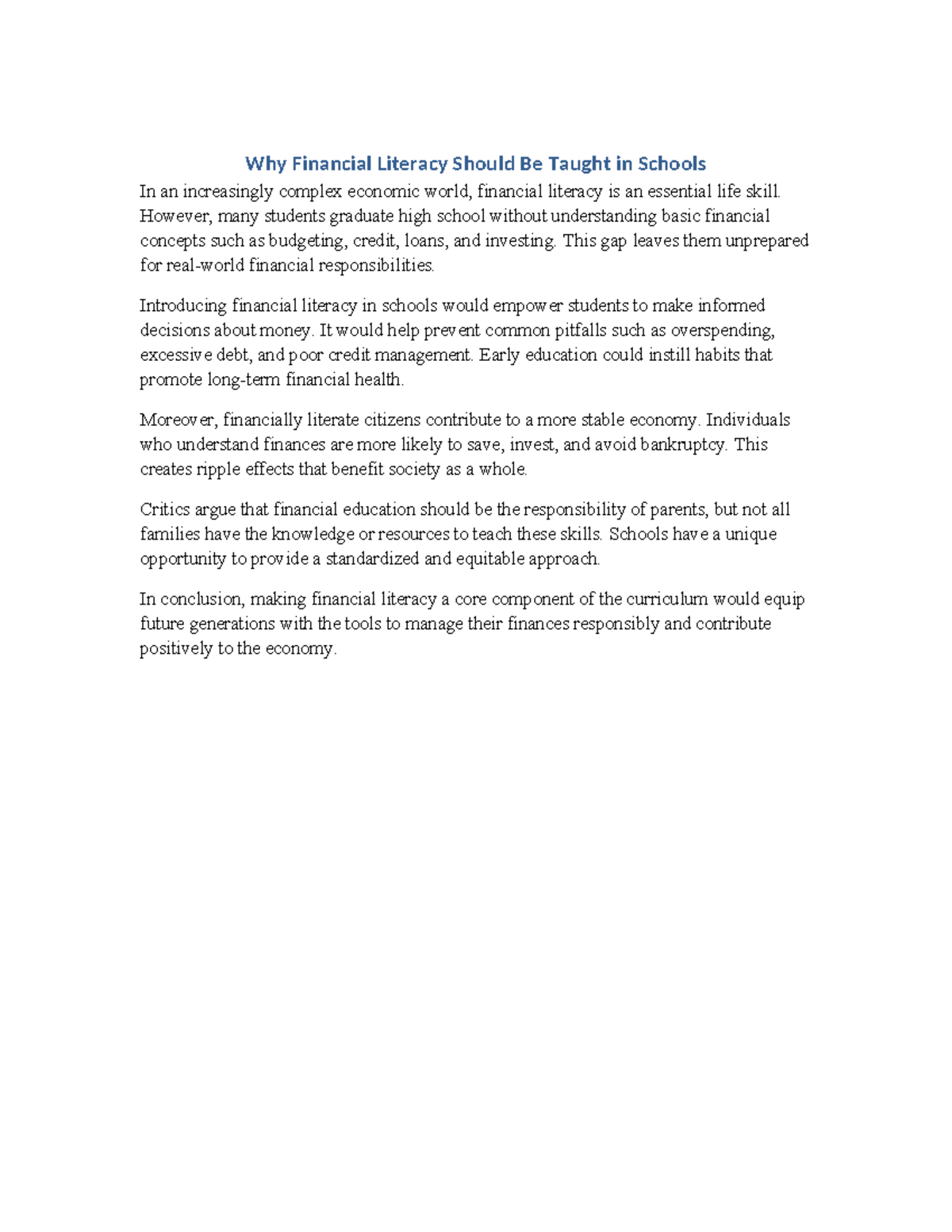 Financial Literacy Education Essay: Importance in Schools - Studocu