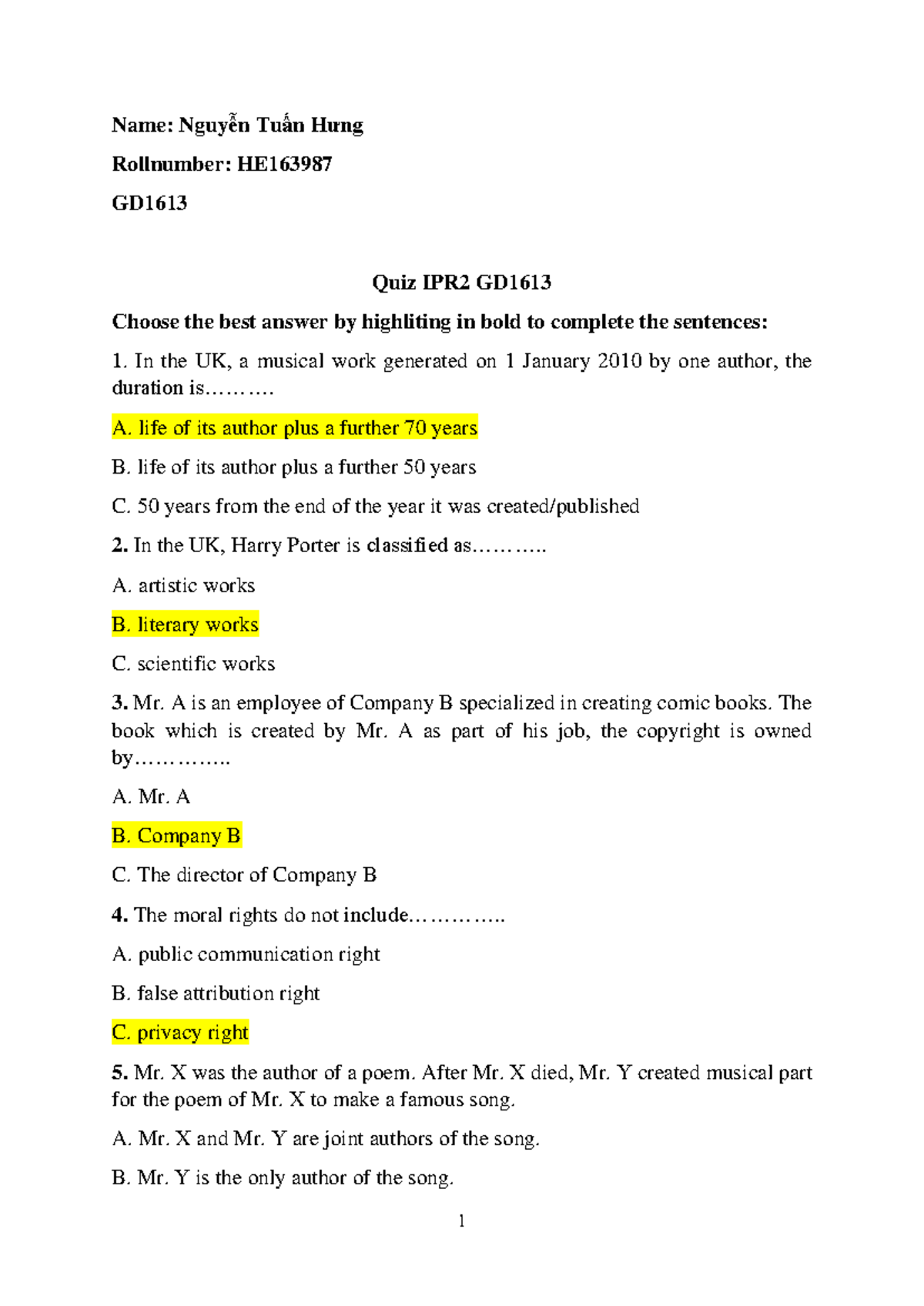 Quiz IPR2 GD1613: Copyright Law Questions and Answers - Studocu