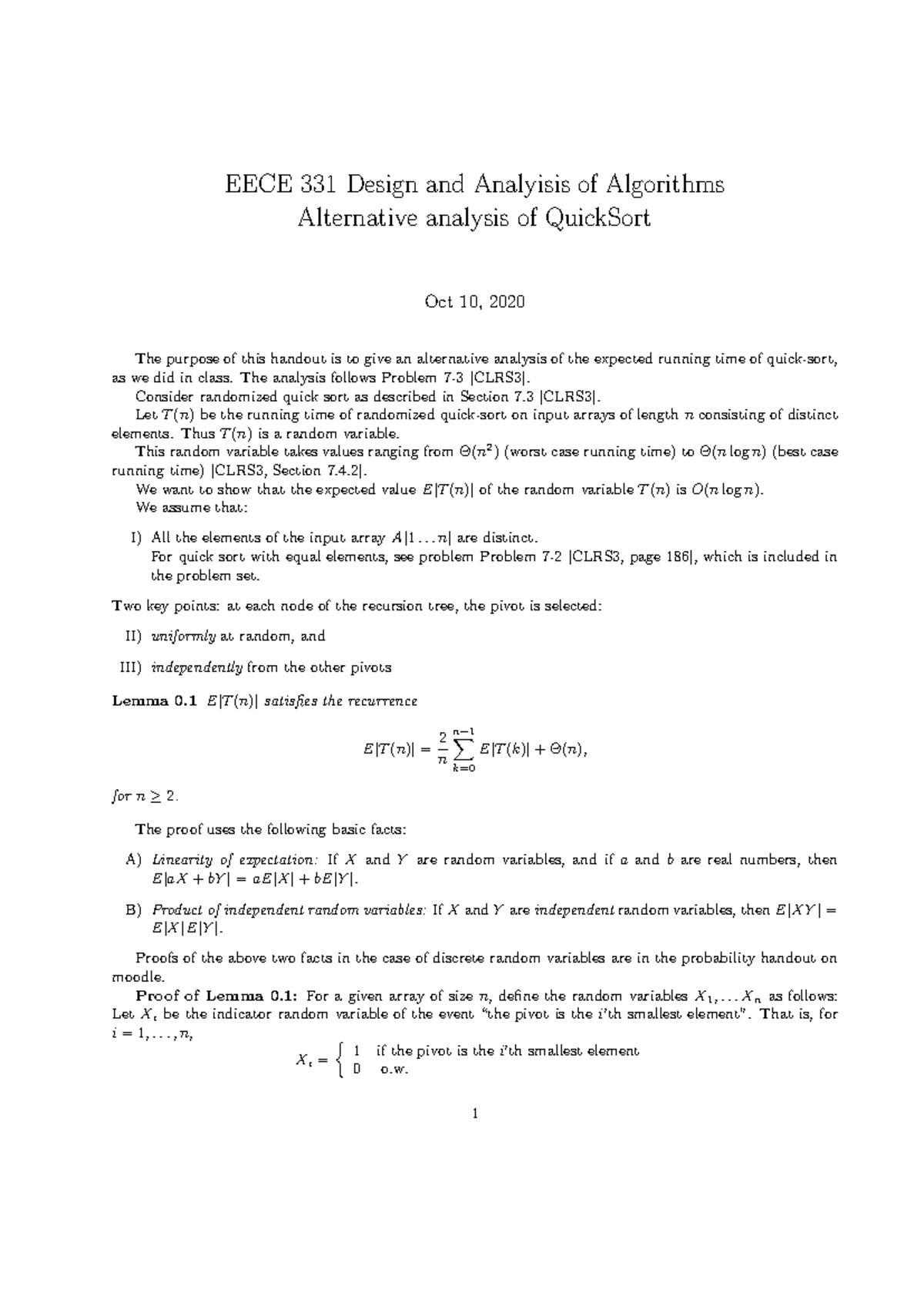 EECE 331 Final Exam Notes: Alternative Analysis of QuickSort - EECE 331 ...