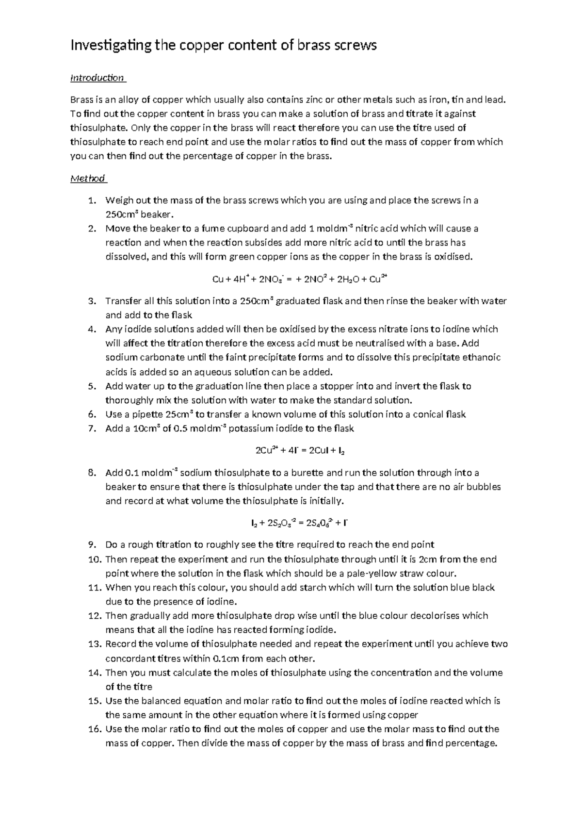 Redox Titration of Brass Screws: Copper Content Analysis - Studocu