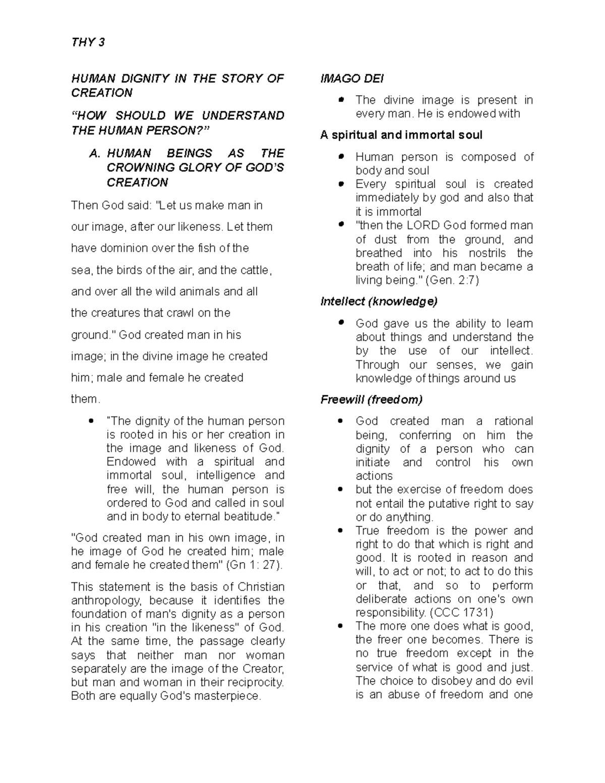 THY 3 - Prelims - Theology Review on Human Dignity and Creation - Studocu