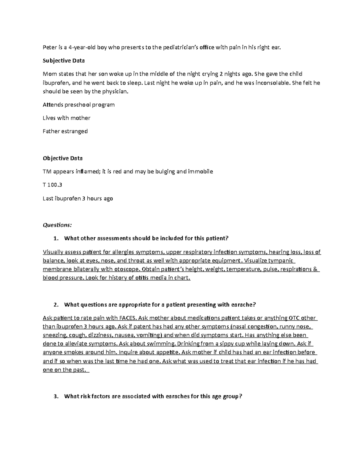 Pediatric HEENT Case Study: Earache Assessment and Interventions - Studocu