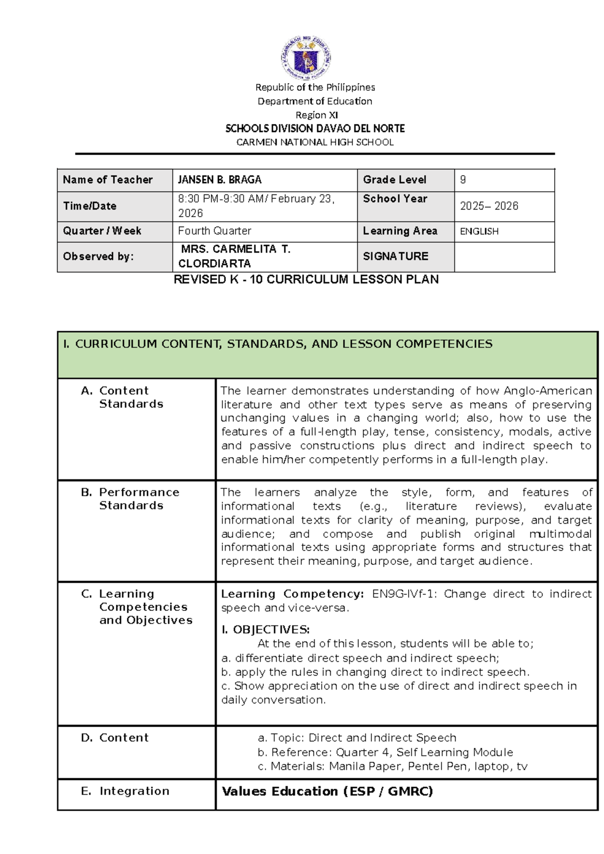 ENGLISH 9 Lesson Plan: Direct and Indirect Speech - Studocu