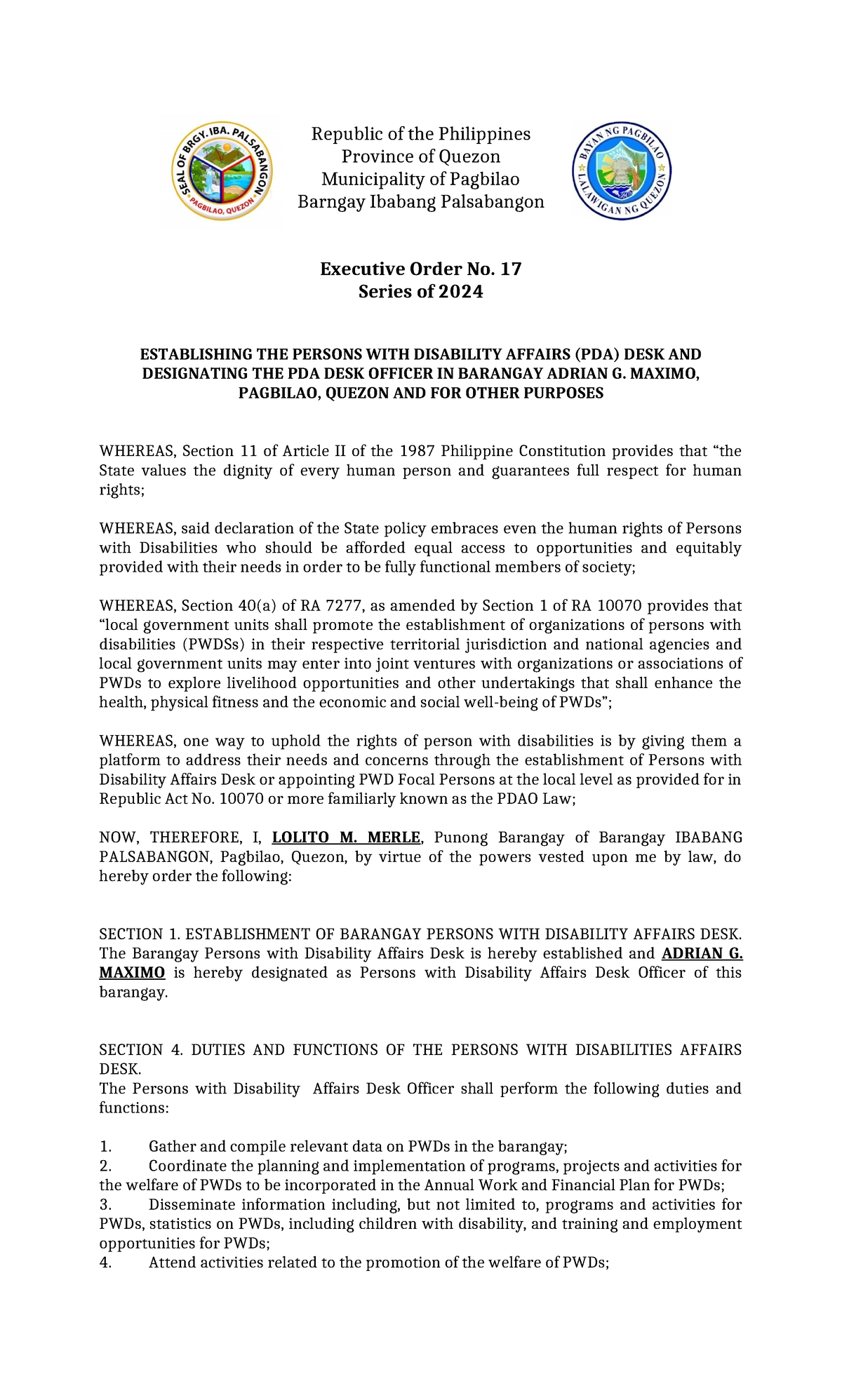 Executive Order No. 17: Establishment of PWD Desk in Barangay - Studocu