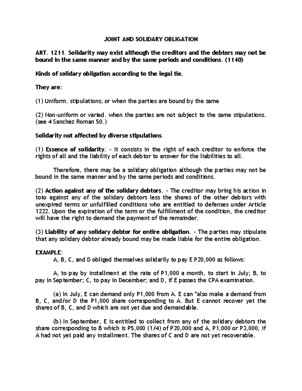 Joint and Solidary Obligations: Overview and Legal Provisions - Studocu
