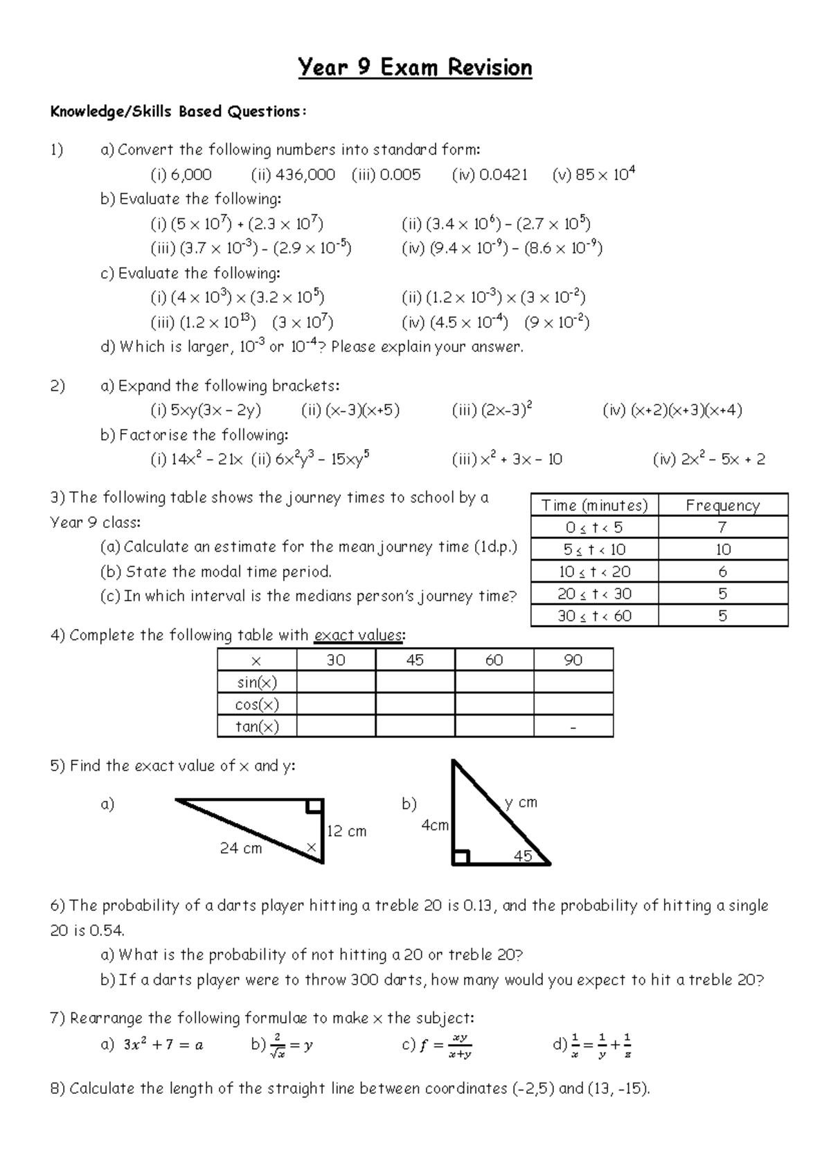 Year 9 Exam Revision Questions: Standard Form, Probability & Geometry ...