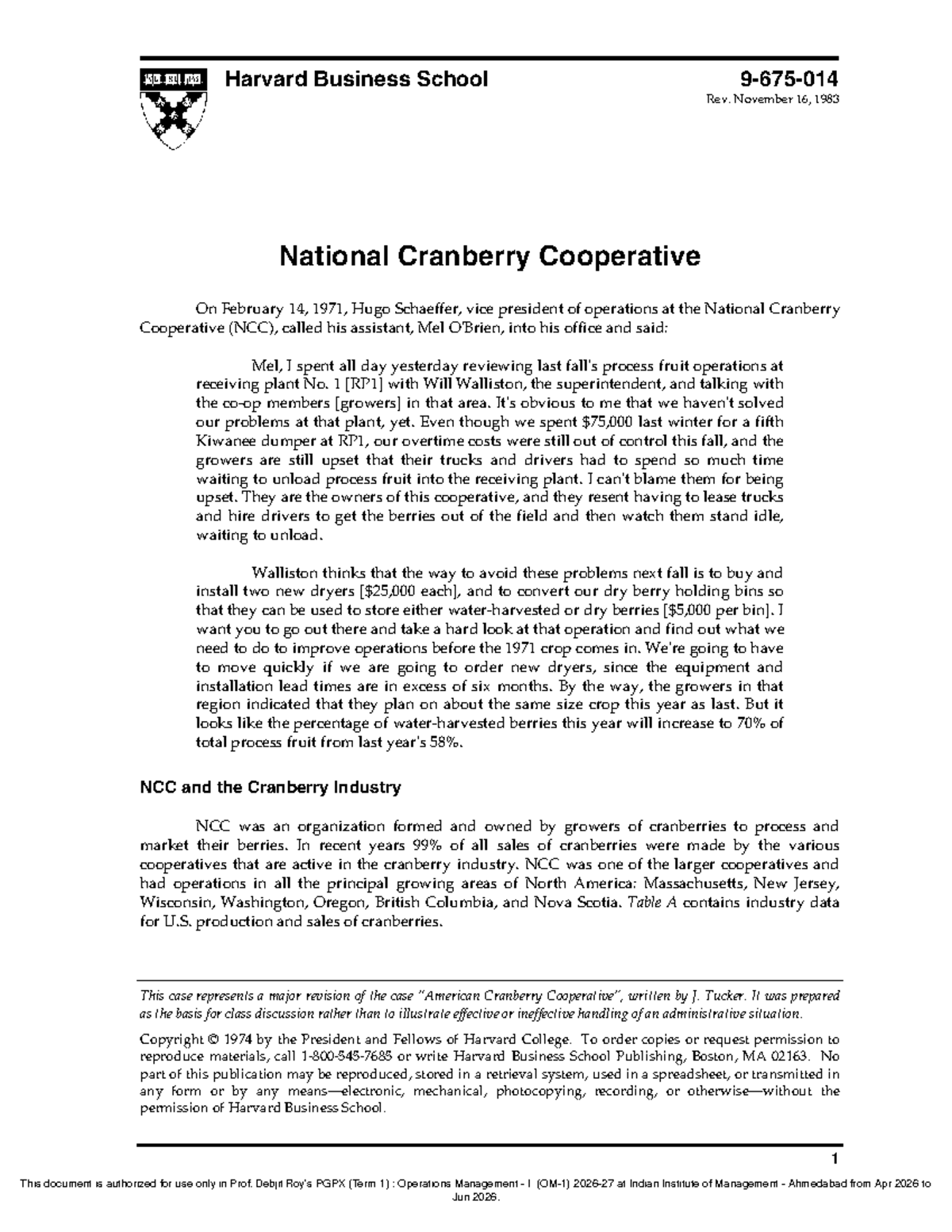 National Cranberry Cooperative Case Study: Operations Management I ...