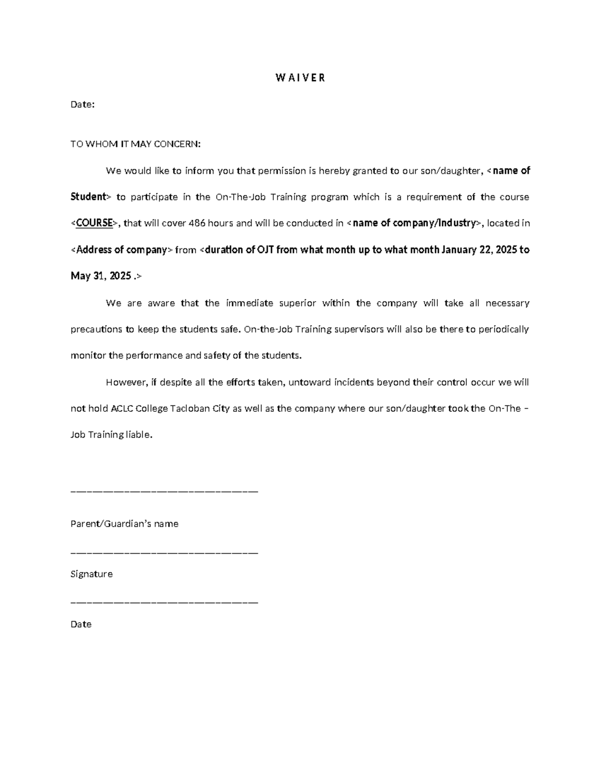 Training Program Waiver for Course Participation (OJT) - Studocu