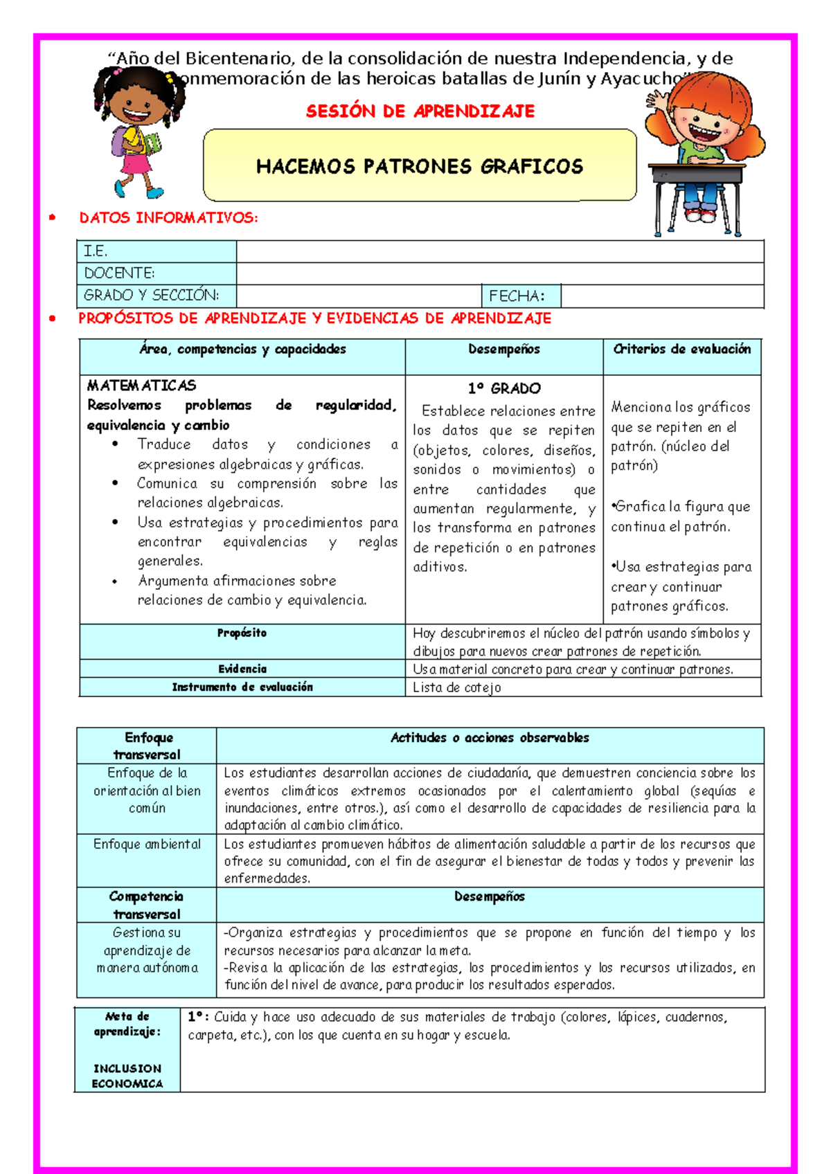 1º U2 S2 Sesion D2 MAT Hacemos Patrones Graficos Maestras DE Primaria ...