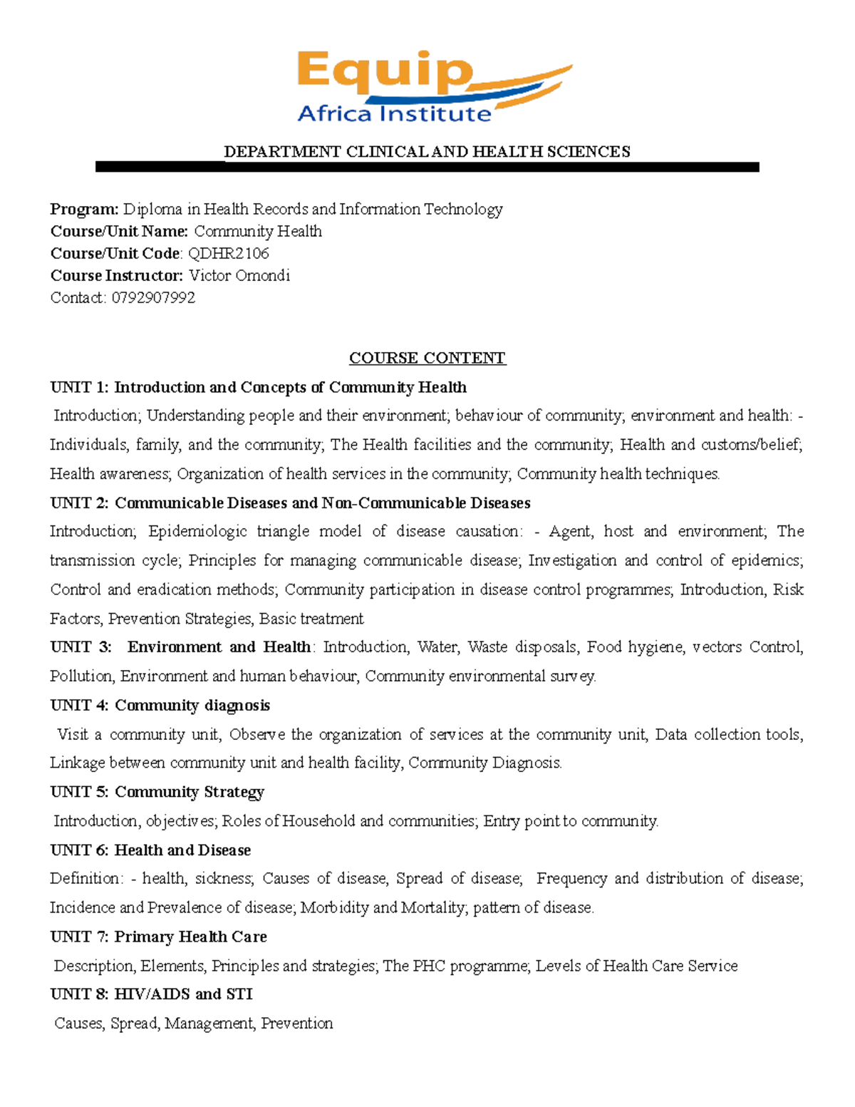 Community Health Course Outline - QDHR Program Details - Studocu