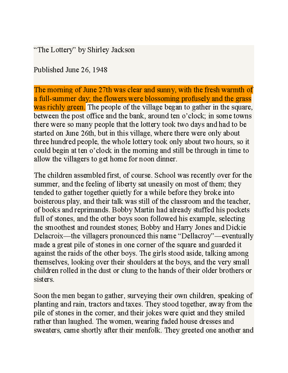 Copy of The Lottery - “The Lottery” by Shirley Jackson Published June ...