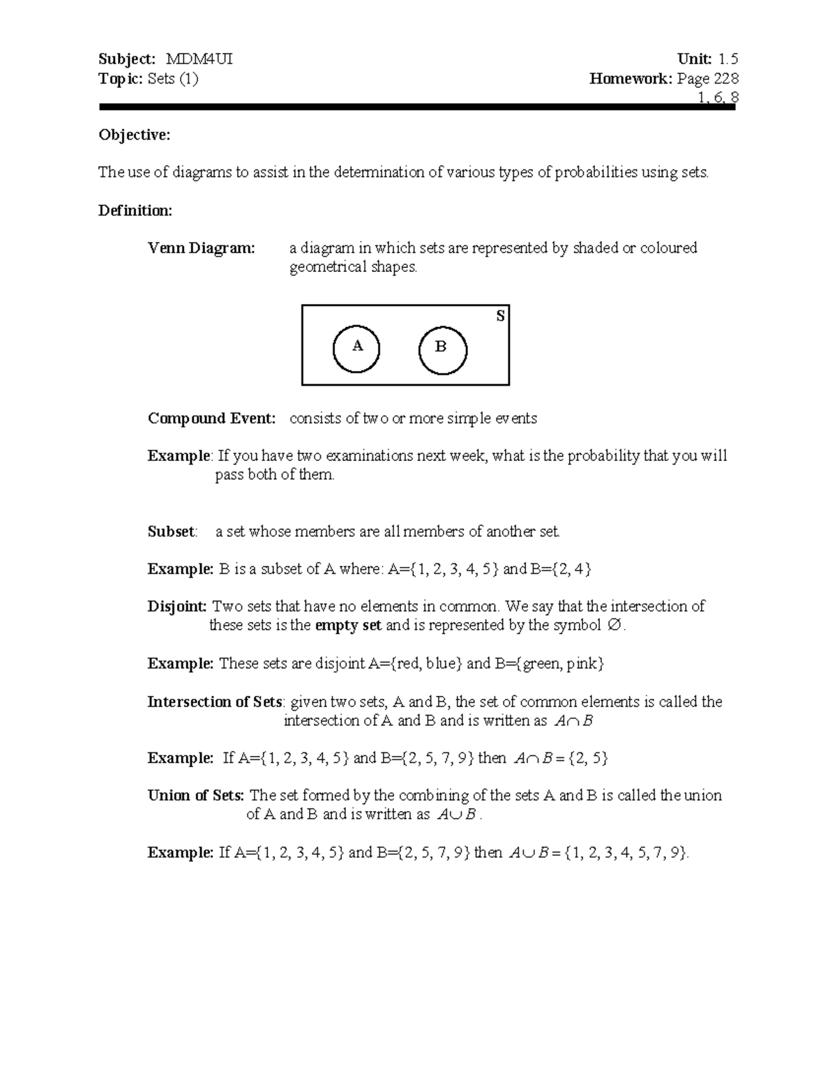 Unit 1 - unit 1.5 - Subject: MDM4UI Unit: 1. Topic: Sets (1) Homework ...