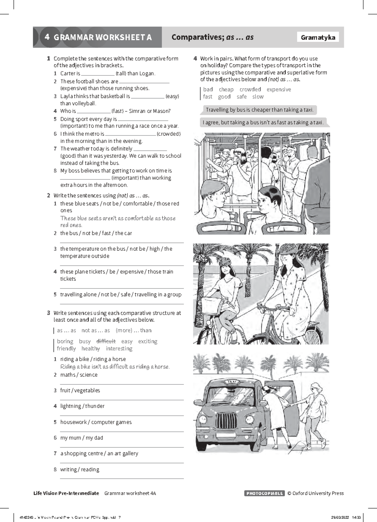 Life Vision Pre-Int Grammar Worksheet A U4: Comparatives & Structures ...