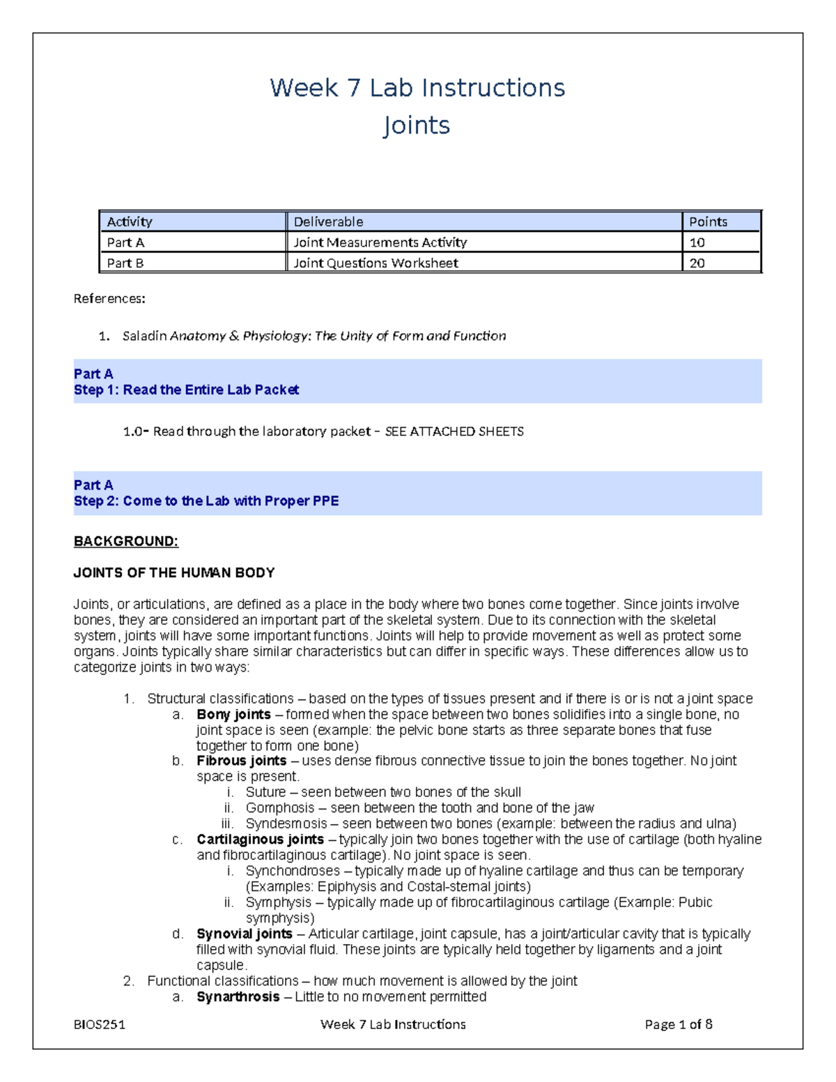 BIOS251 Week 7 Lab: Joints Activity Instructions & Worksheet - Studocu