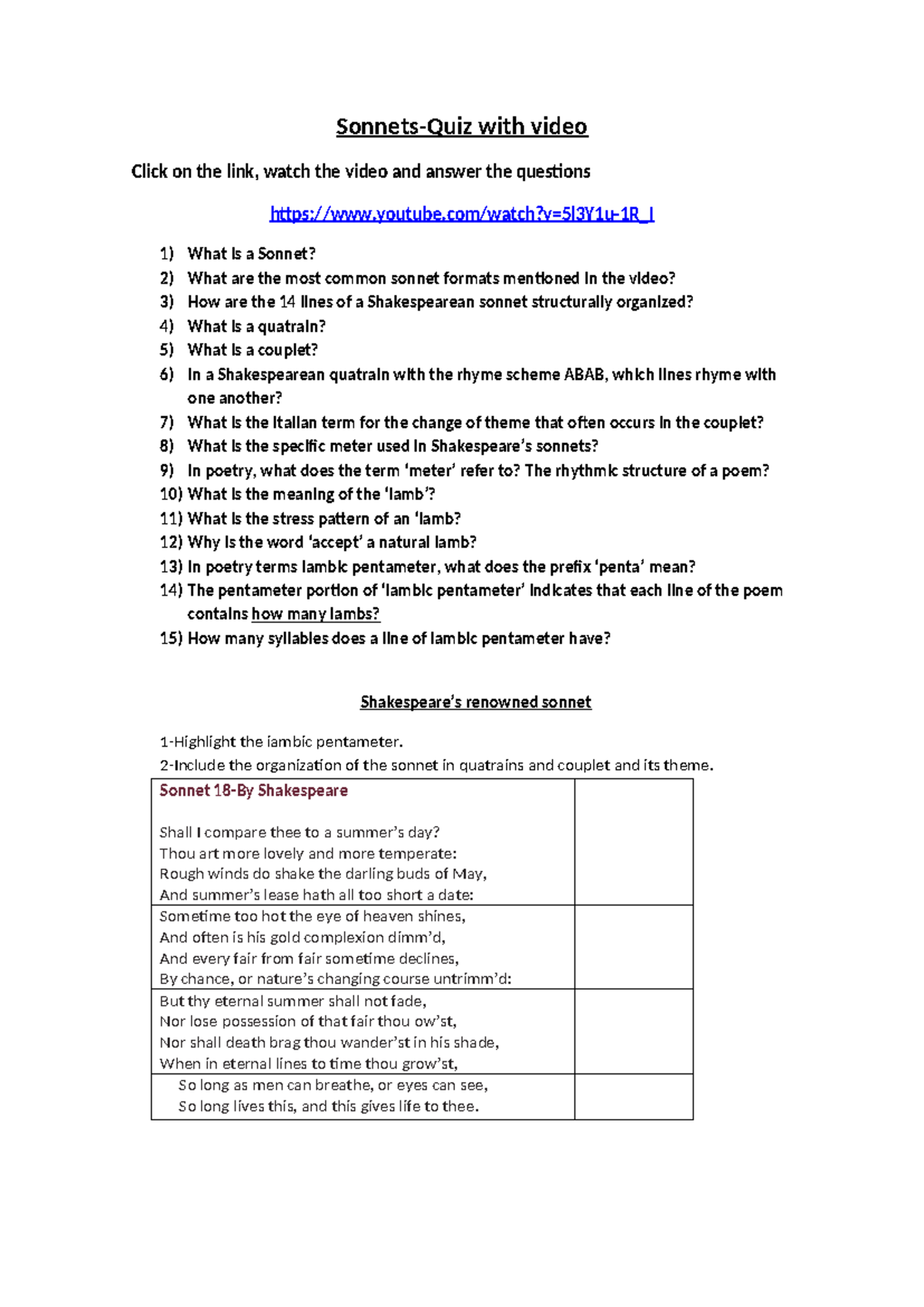 Shakespearean Sonnet Analysis and Video Questions - Studocu