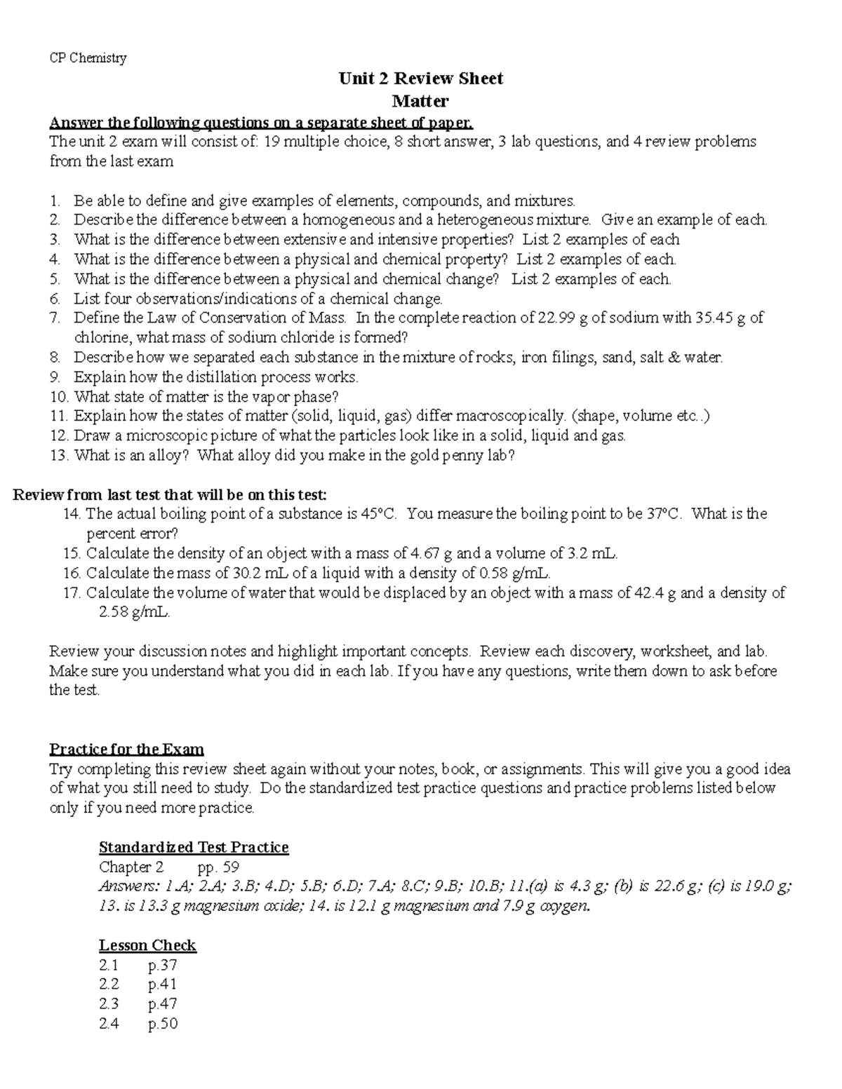 CP Chemistry Unit 2 Exam Review & Practice Questions - Studocu
