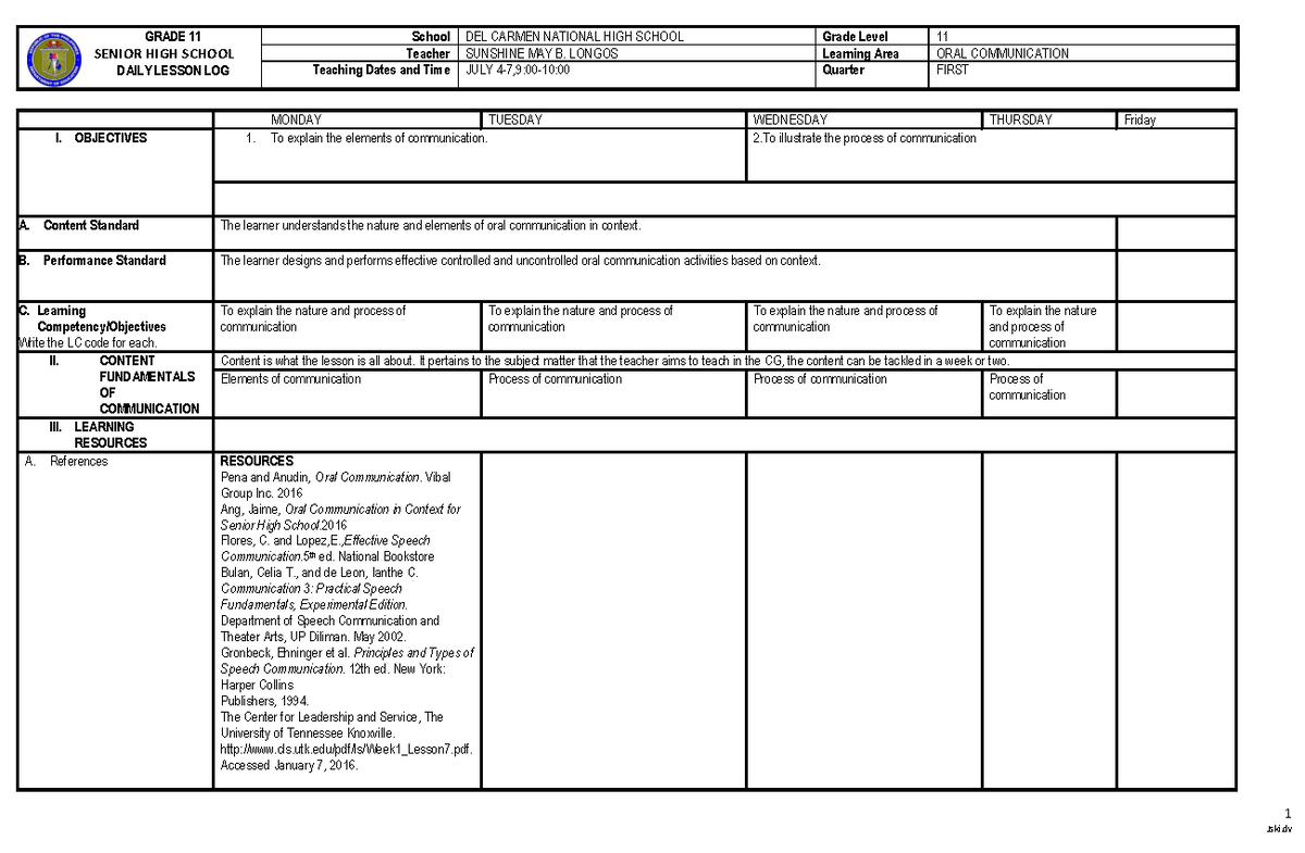 DLL G11 Oral Communication - Daily Lesson Log July 4-21, 2023 - Studocu