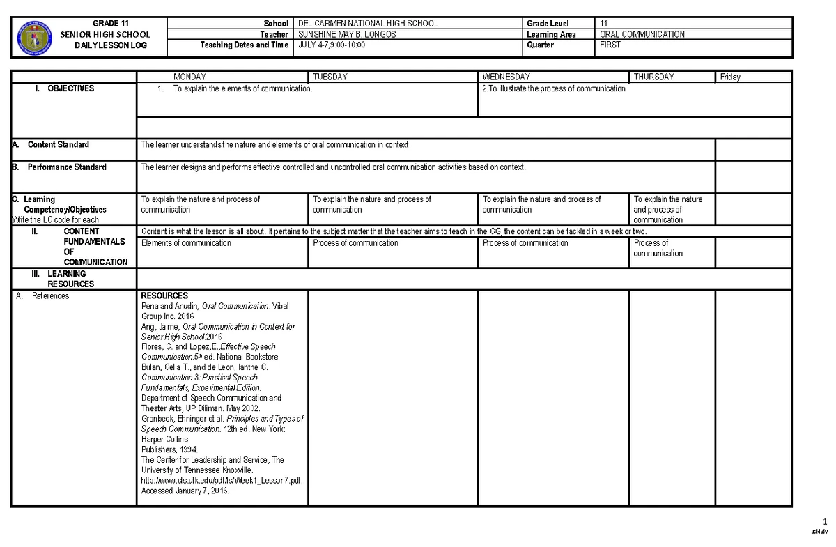ORAL Communication EXAM WITH Answer KEY - Examination in Oral Communication What function of ...