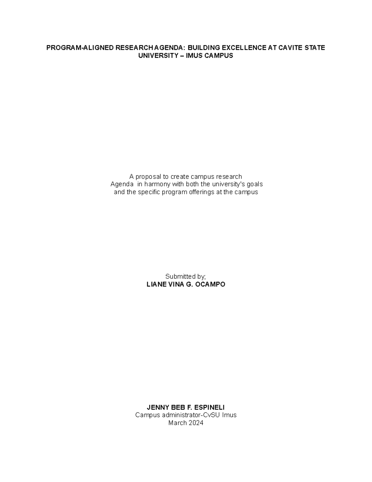 Research Agenda Proposal: Building Excellence at CvSU Imus Campus - Studocu