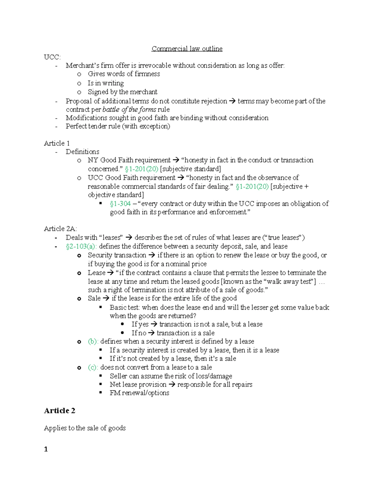 UCC Article 2 Cheat Sheet: Key Aspects of Commercial Law Contracts ...