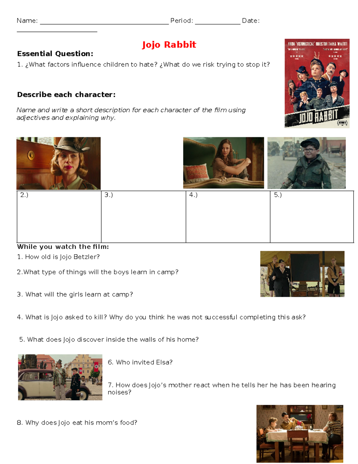 Jojo Rabbit - Movie Guide Questions and Character Analysis - Studocu