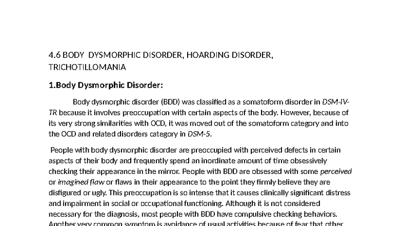 Abnormal psychology - 4 BODY DYSMORPHIC DISORDER, HOARDING DISORDER ...