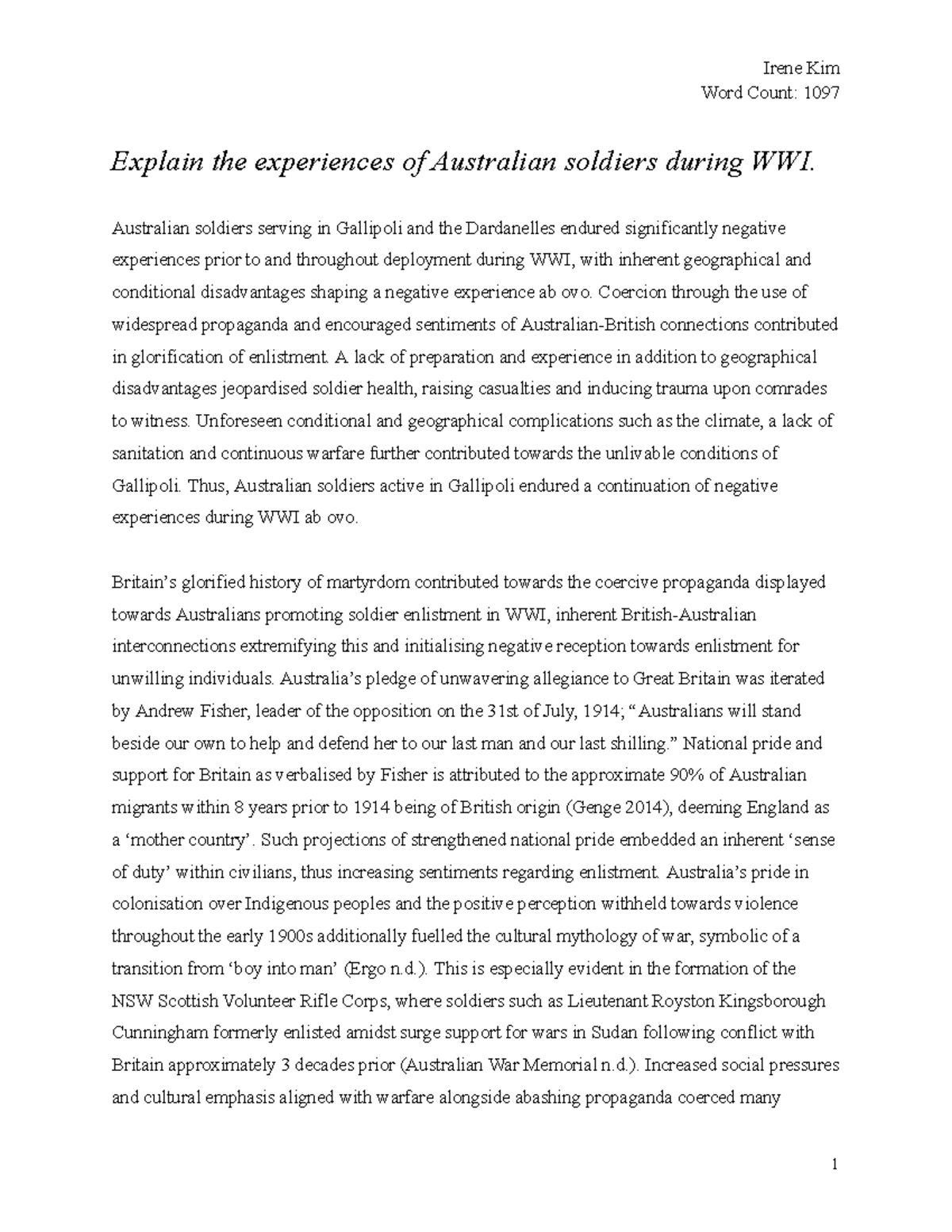 Y10 HSIE Task 2 Essay - Experiences of Australian Soldiers in WWI - Studocu