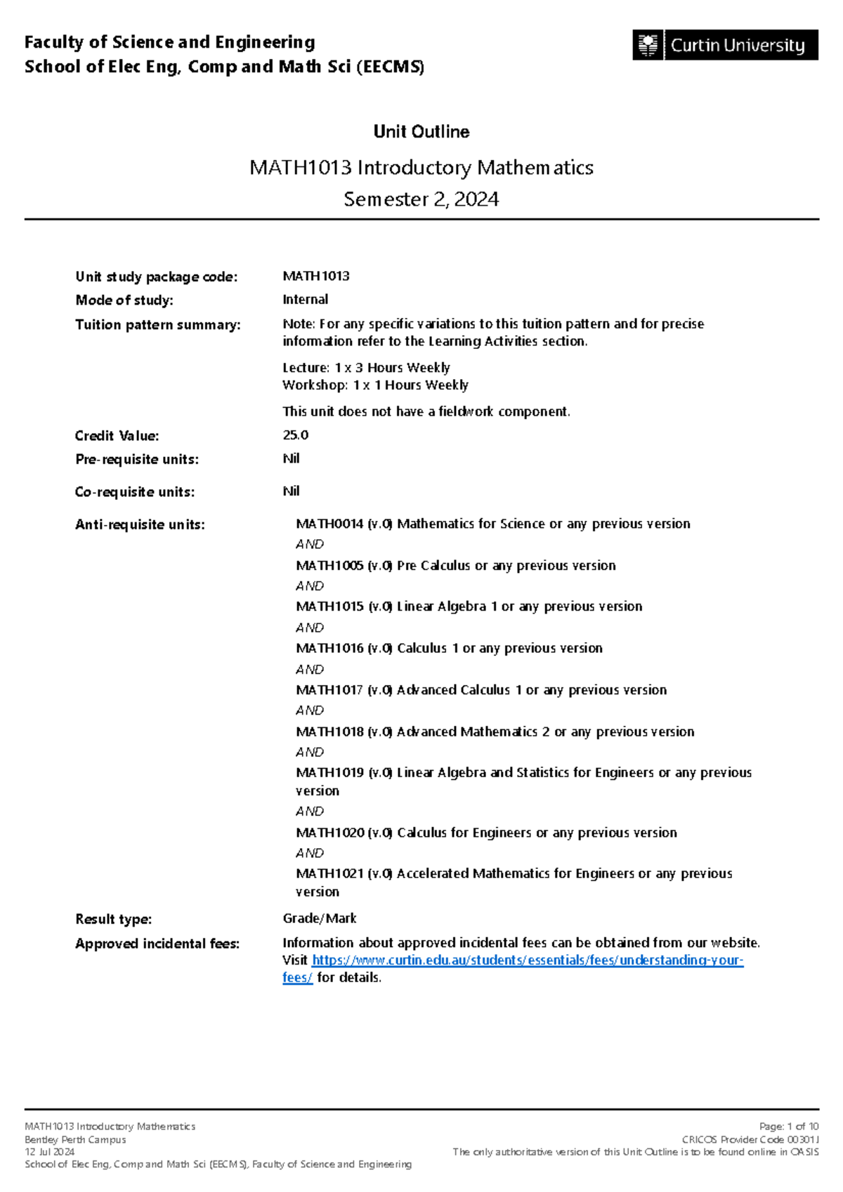 MATH1013 Introductory Mathematics Unit Outline - Semester 2, 2024 - Studocu