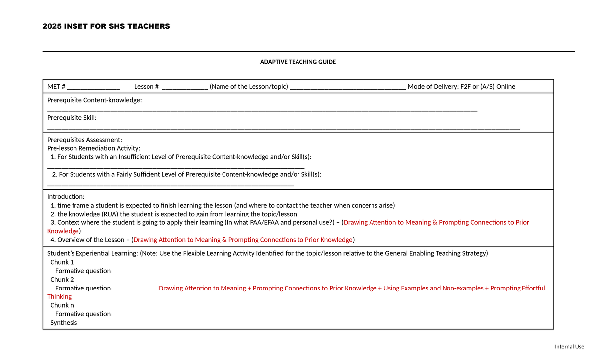 2025 INSET for SHS Teachers: Adaptive Teaching Guide (MET) - Studocu