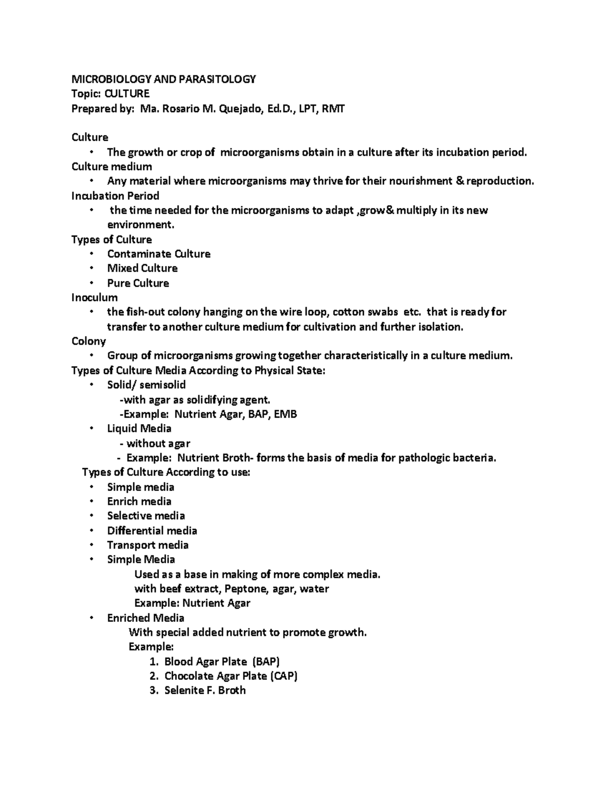 MICROBIOLOGY AND PARASITOLOGY: CULTURE NOTES - Studocu