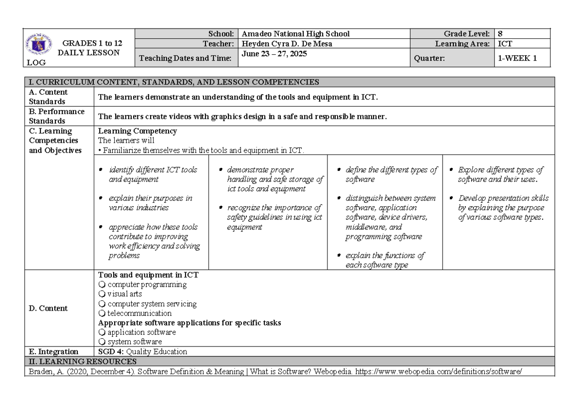 WEEK 1 - ICT K to 10 Revised Curriculum Lesson Plan - Studocu