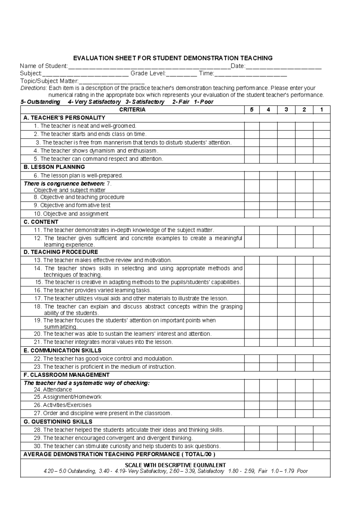 Demo Teaching Evaluation Sheet: Performance Assessment Criteria - Studocu