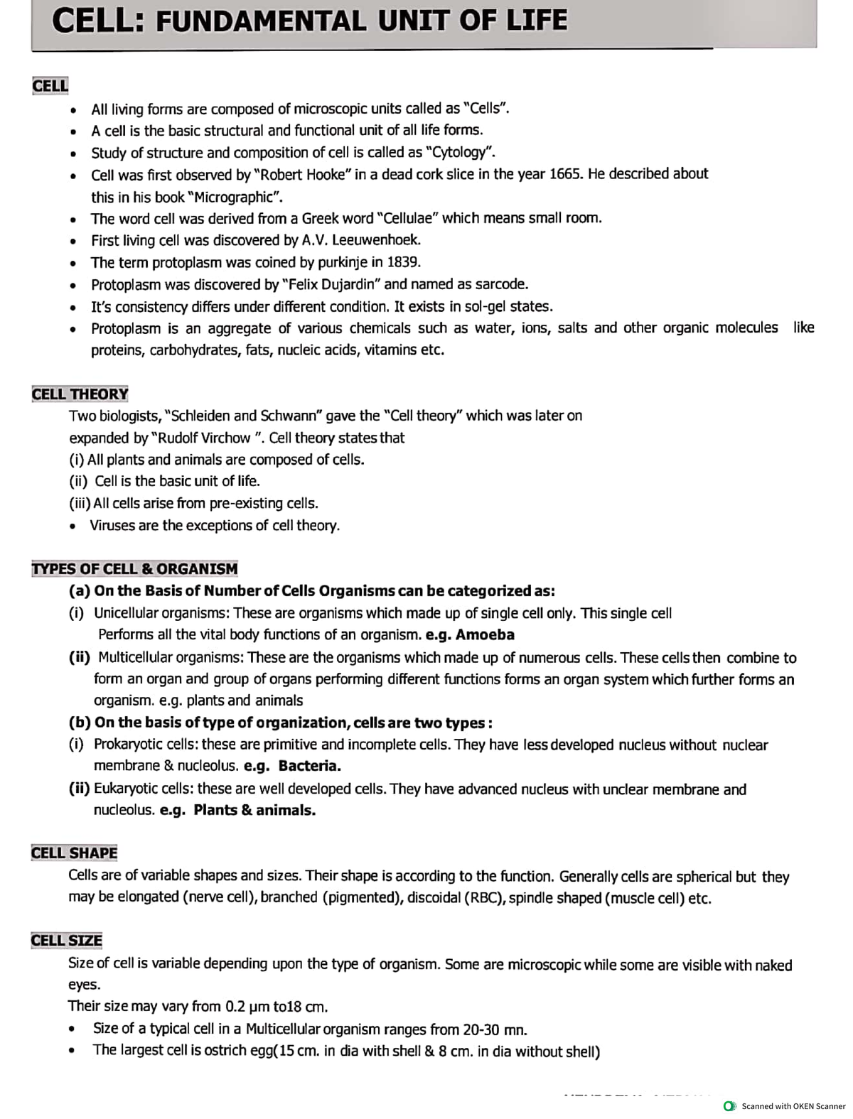 Cell: Fundamental Unit of Life - CELL Notes for 9-11 Students - Studocu