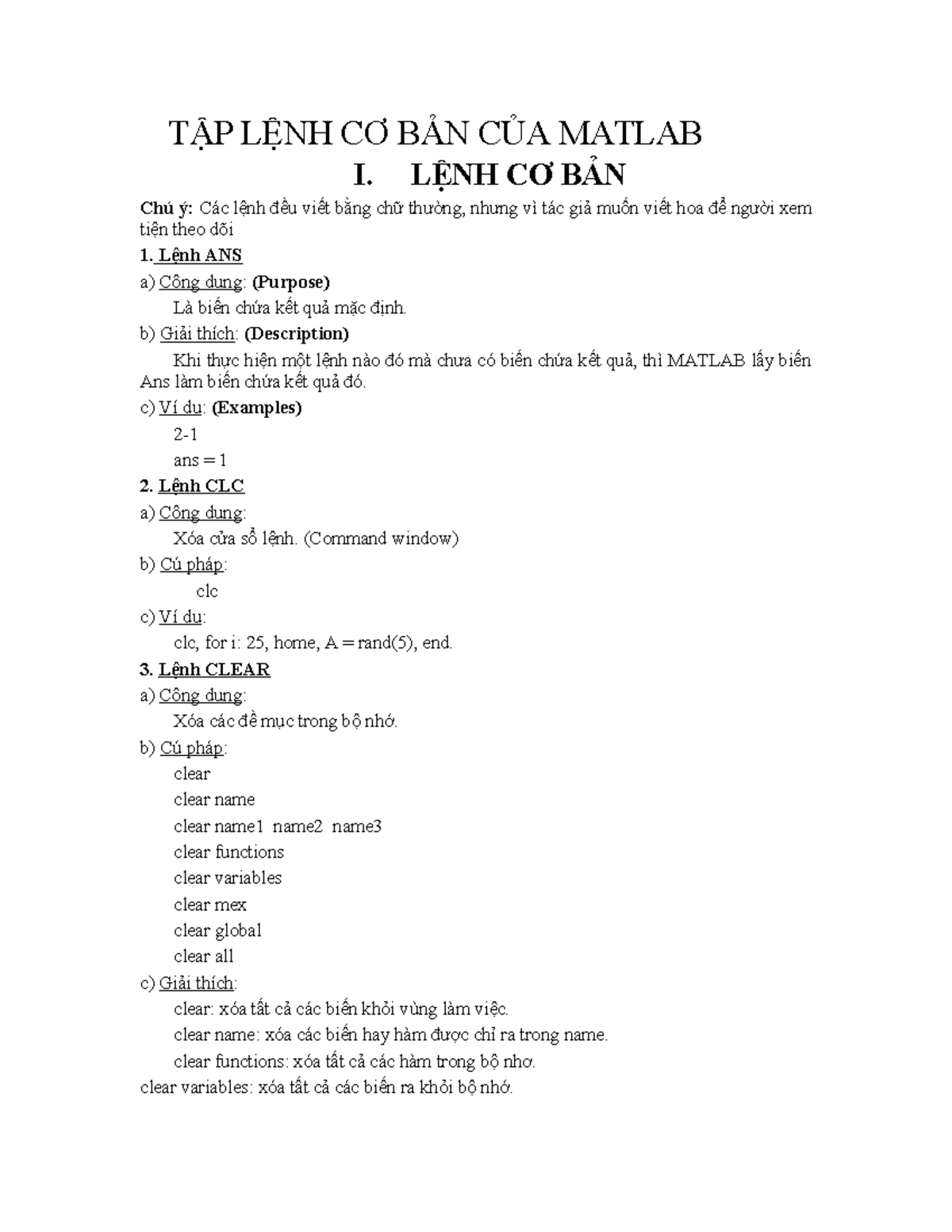 Tổng hợp Lệnh Cơ Bản trong MATLAB: Hướng Dẫn và Ví Dụ - Studocu