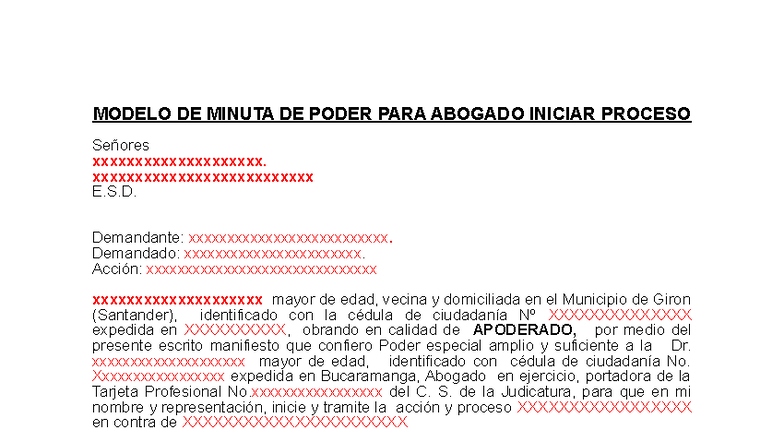 Modelo de Minuta de Poder para Abogado - Iniciar Proceso - Studocu